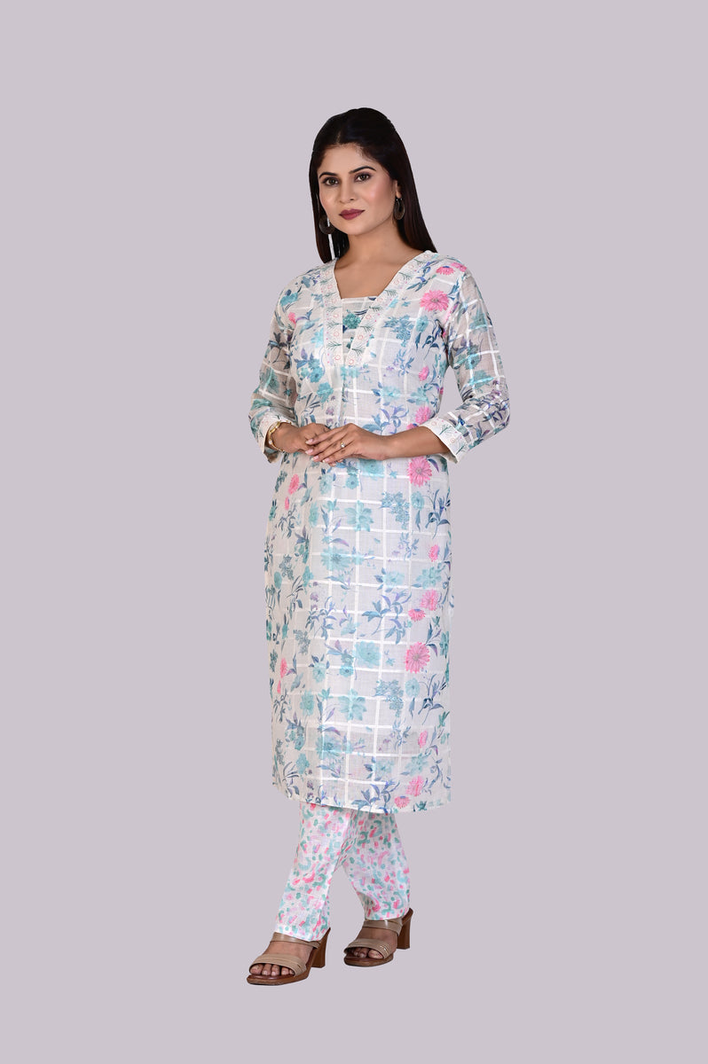 White Color Multi Color Flower Print Kurti, Pant and Dupatta IP2418 ...