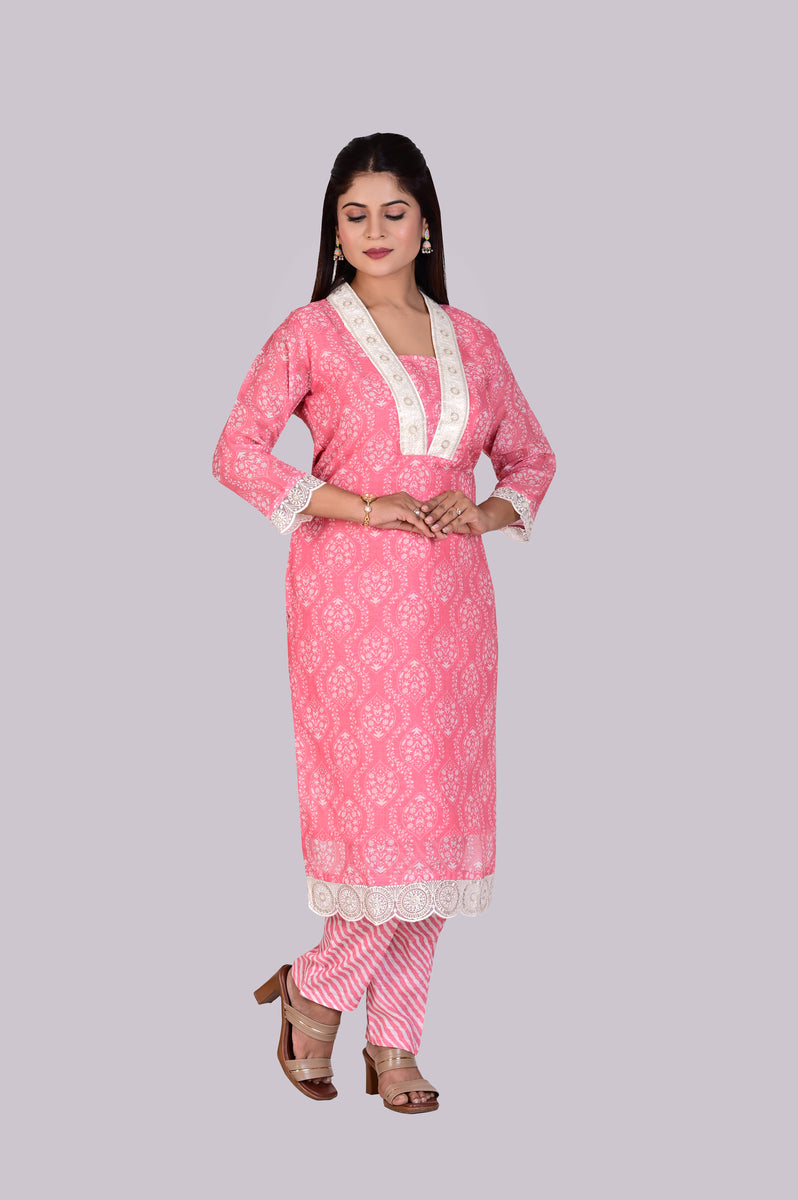 Pink Net Work Kurti, Pant and Dupatta IP2412 - 3 Piece – Indian Parampara